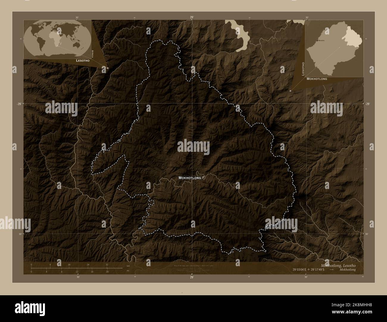Mokhotlong, district of Lesotho. Elevation map colored in sepia tones ...