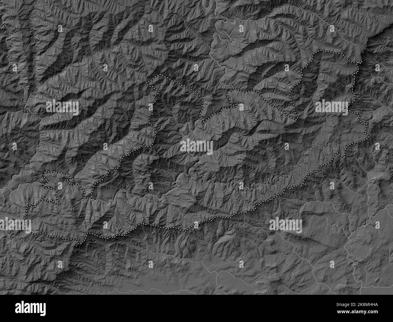 Qacha's Nek, district of Lesotho. Grayscale elevation map with lakes ...