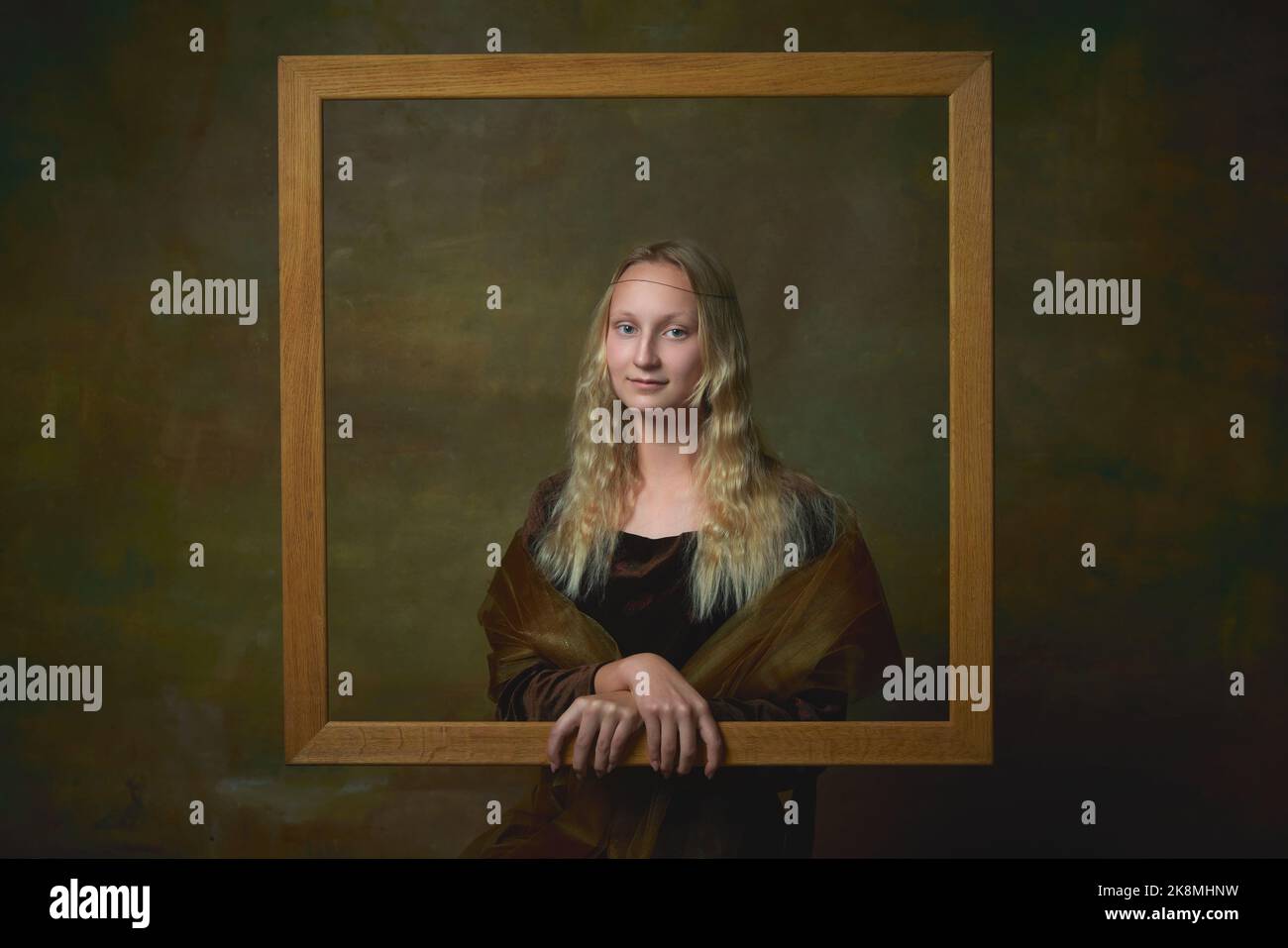Art gallery. Vintage style portrait of young charming girl in image of ...