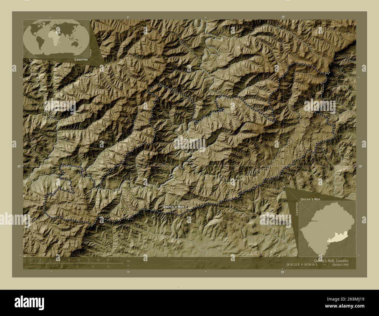 Qacha's Nek, district of Lesotho. Elevation map colored in wiki style ...