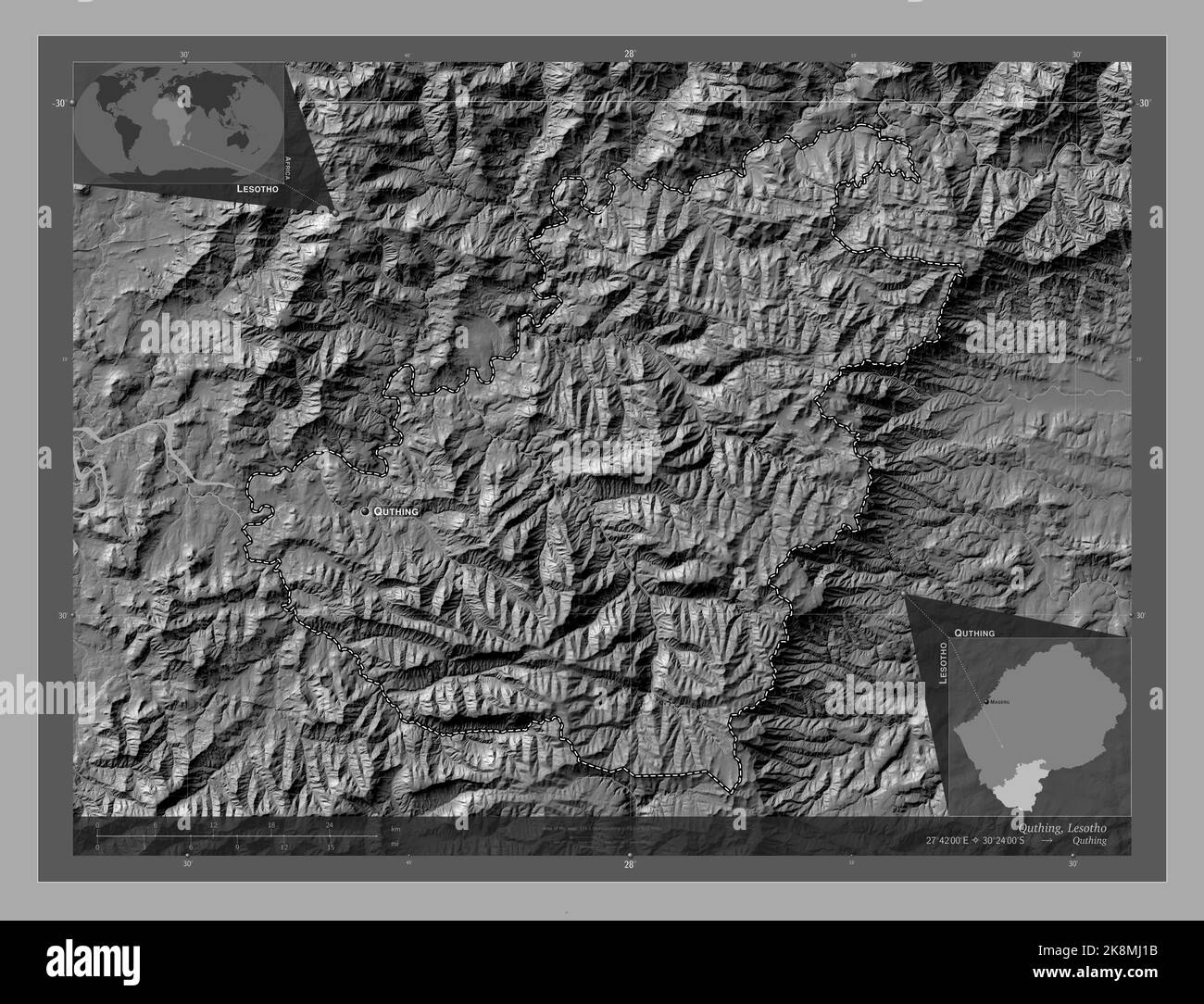 Quthing, district of Lesotho. Bilevel elevation map with lakes and ...