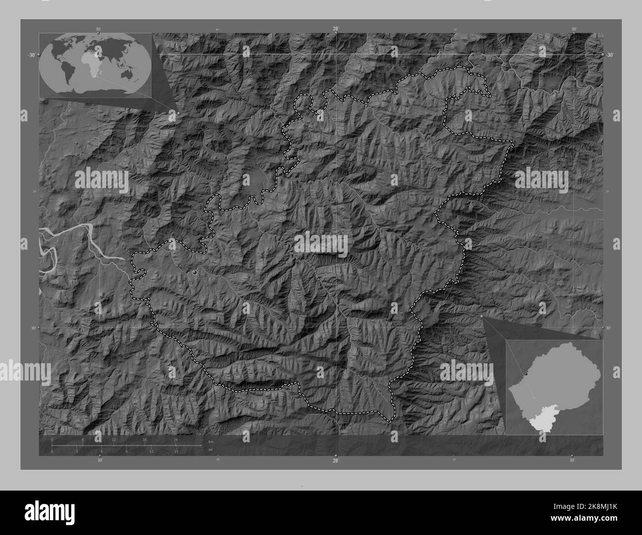 Quthing, district of Lesotho. Grayscale elevation map with lakes and ...