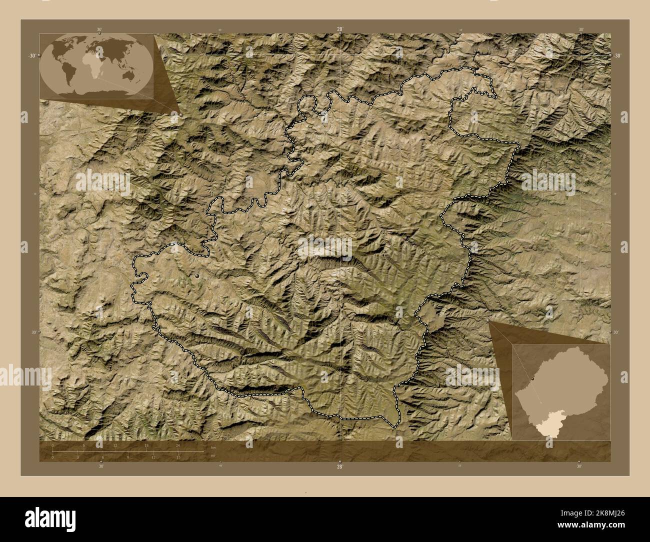 Quthing, district of Lesotho. Low resolution satellite map. Corner ...