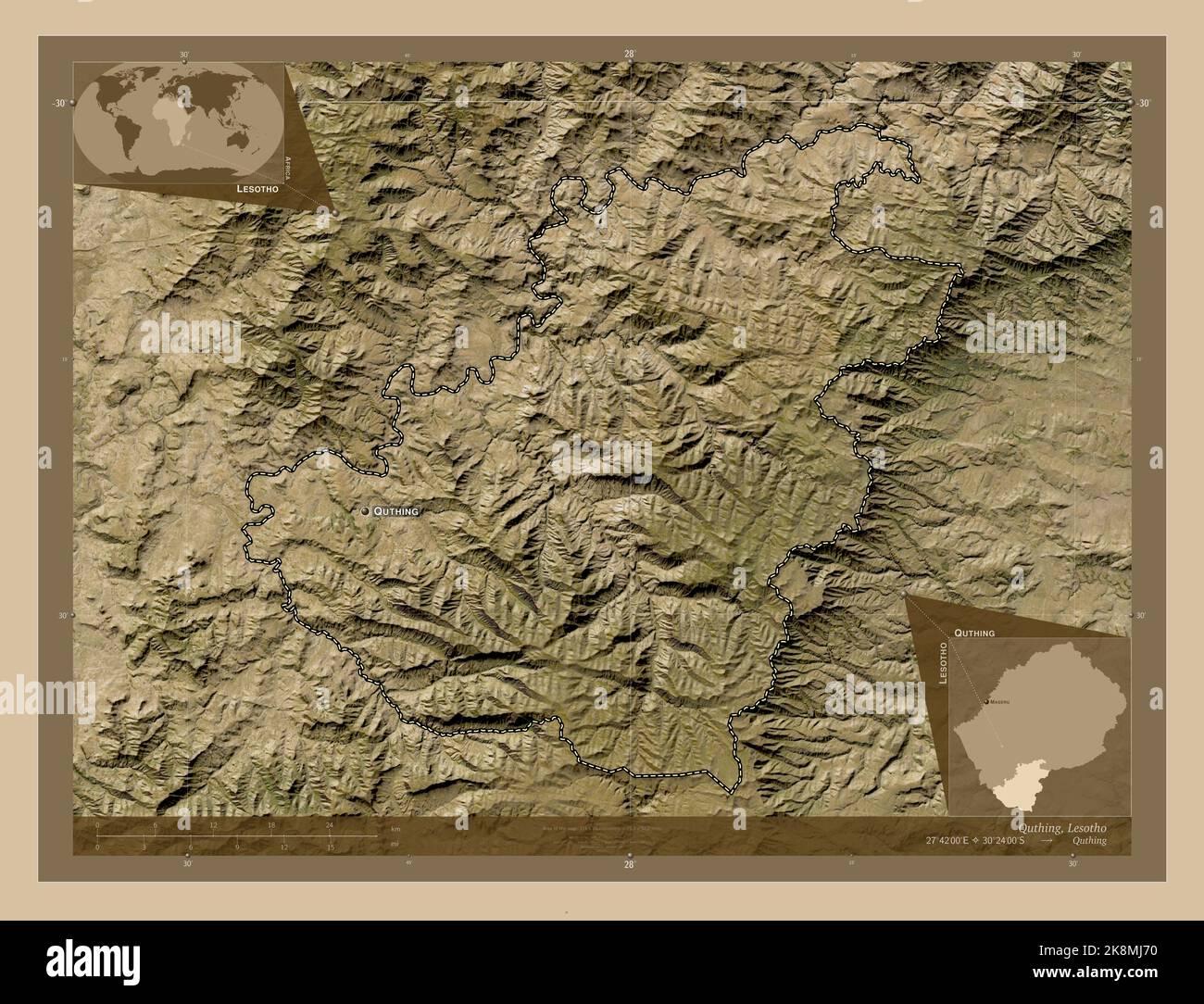 Quthing, district of Lesotho. Low resolution satellite map. Locations ...