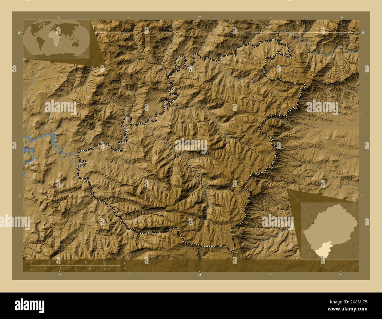 Quthing, district of Lesotho. Colored elevation map with lakes and ...