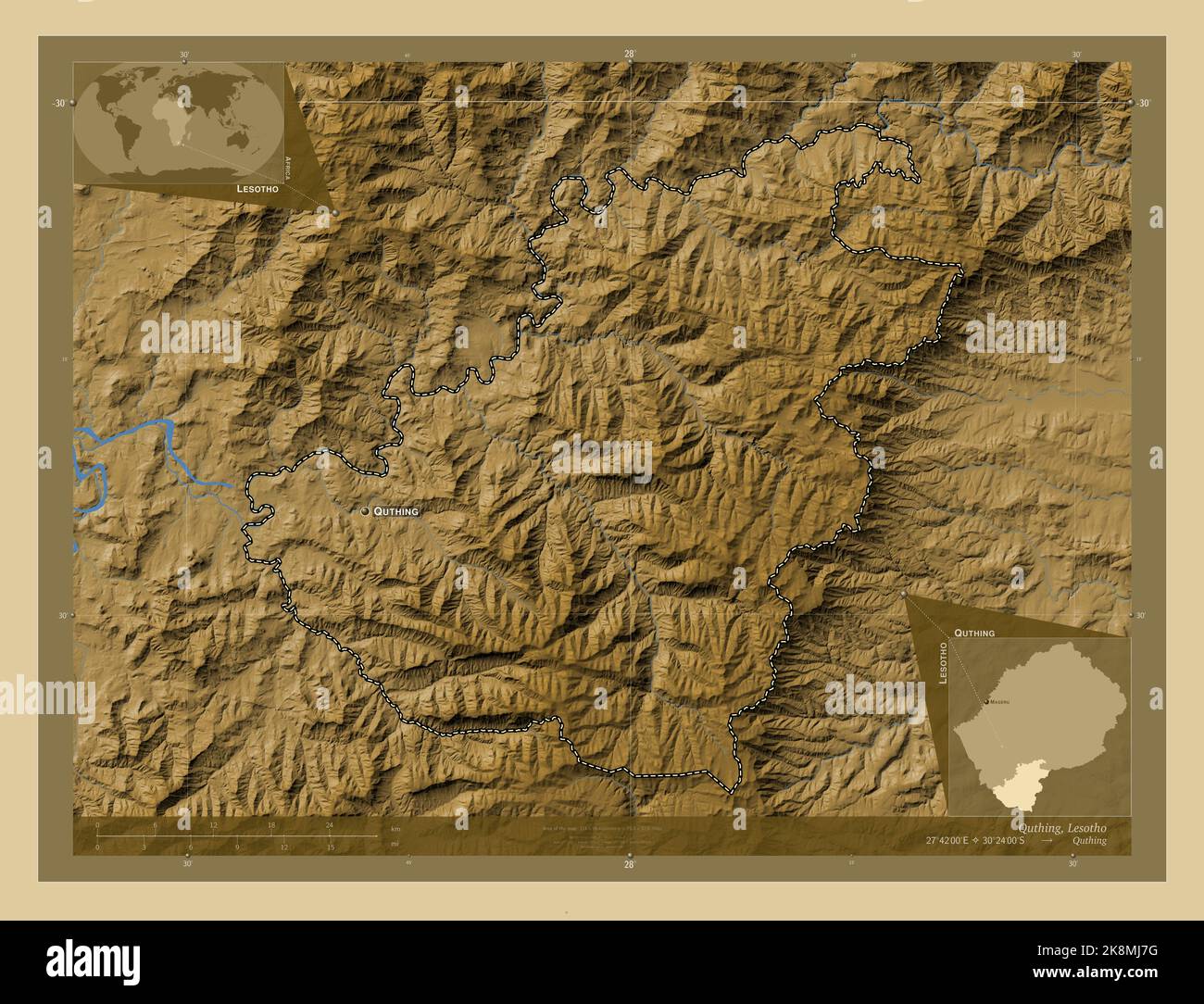 Quthing, district of Lesotho. Colored elevation map with lakes and ...