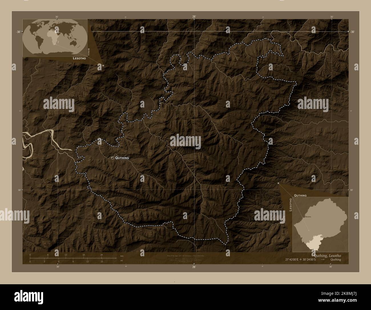 Quthing, district of Lesotho. Elevation map colored in sepia tones with ...