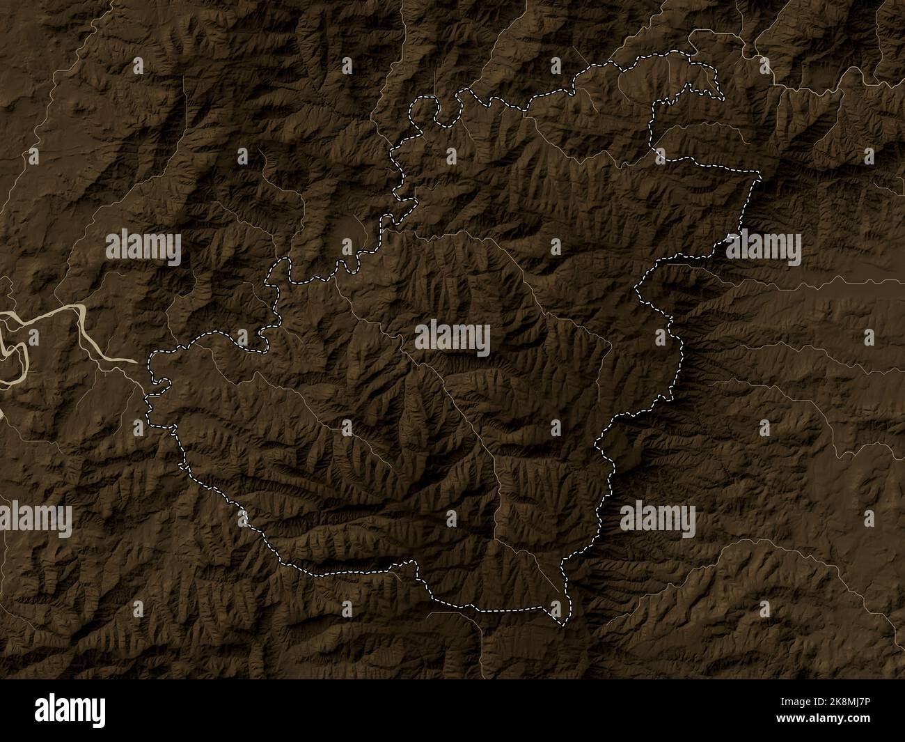 Quthing, district of Lesotho. Elevation map colored in sepia tones with ...