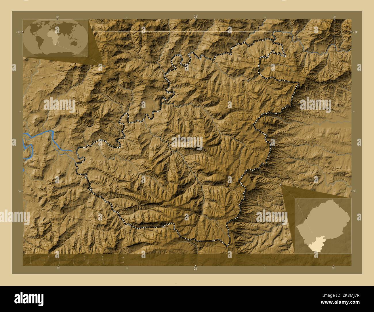 Quthing, district of Lesotho. Colored elevation map with lakes and ...