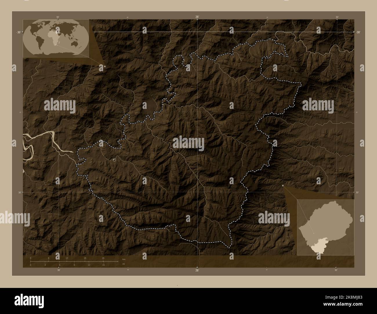 Quthing, district of Lesotho. Elevation map colored in sepia tones with ...