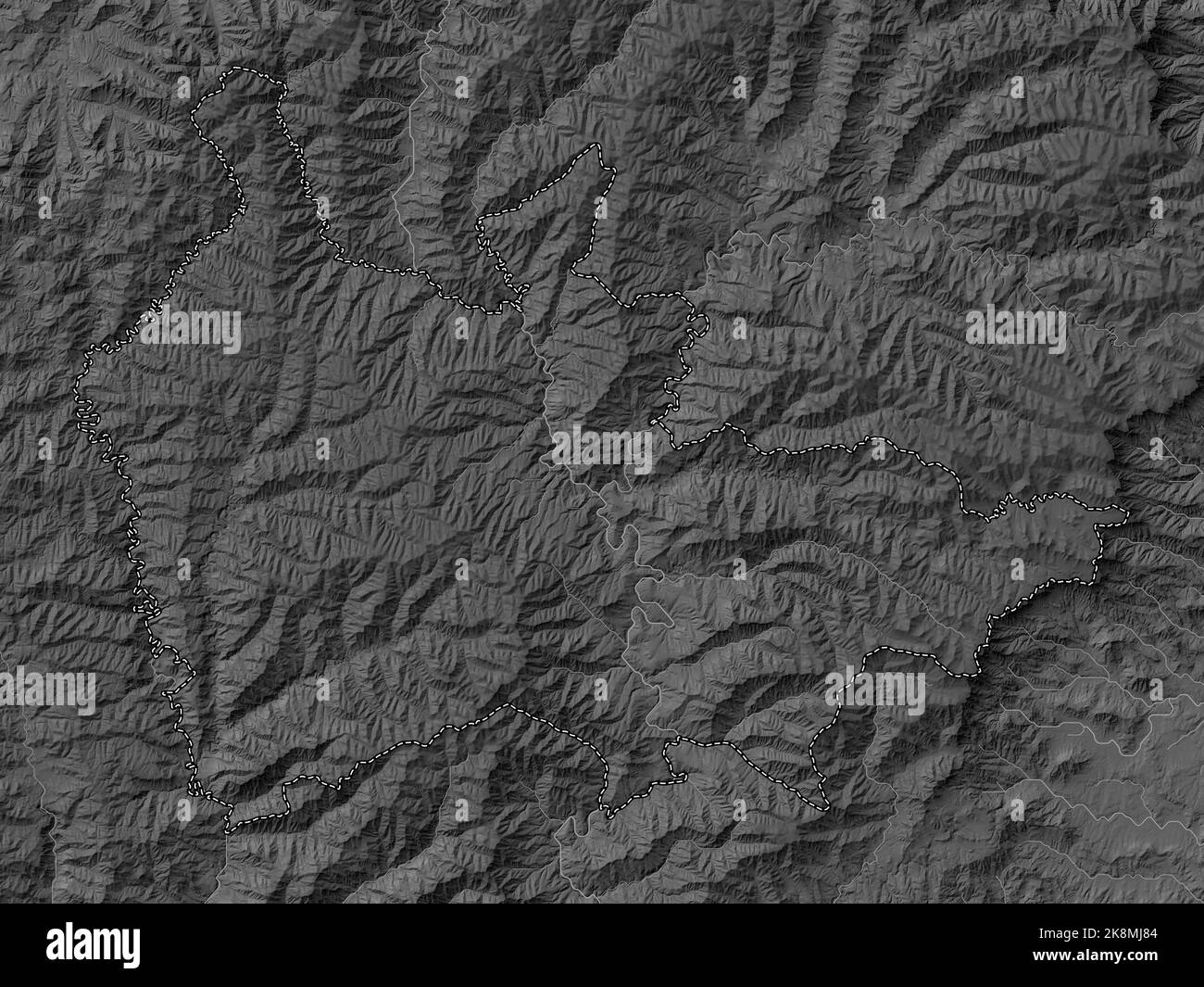 Thaba-Tseka, district of Lesotho. Grayscale elevation map with lakes ...
