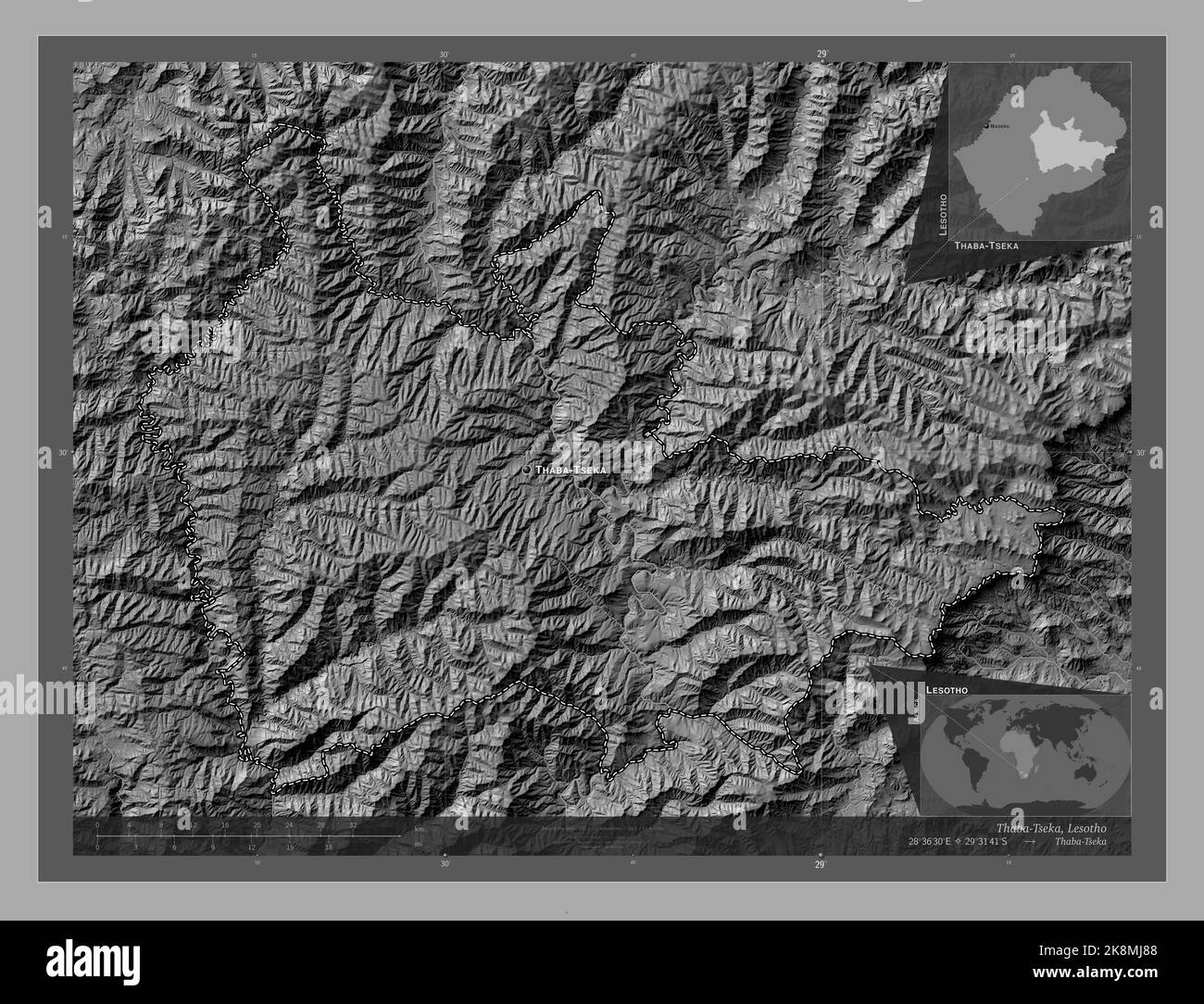 Thaba-Tseka, district of Lesotho. Bilevel elevation map with lakes and ...