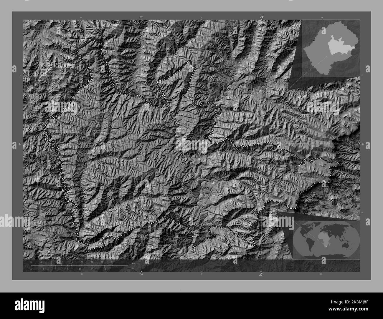 Thaba-Tseka, district of Lesotho. Bilevel elevation map with lakes and ...