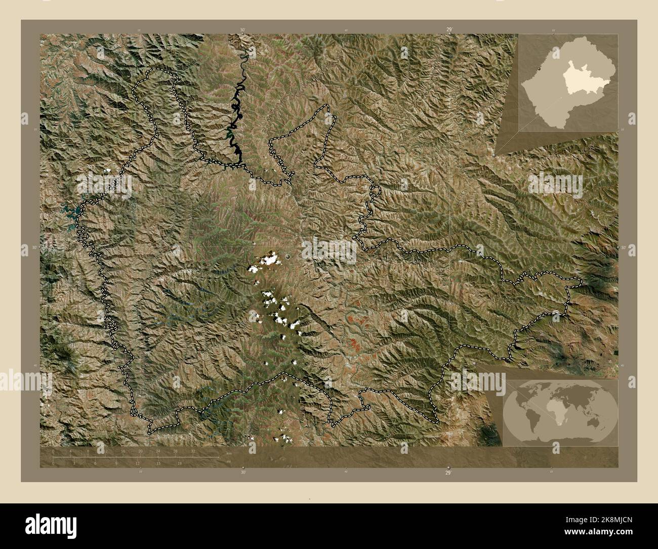 Thaba-Tseka, district of Lesotho. High resolution satellite map. Corner ...