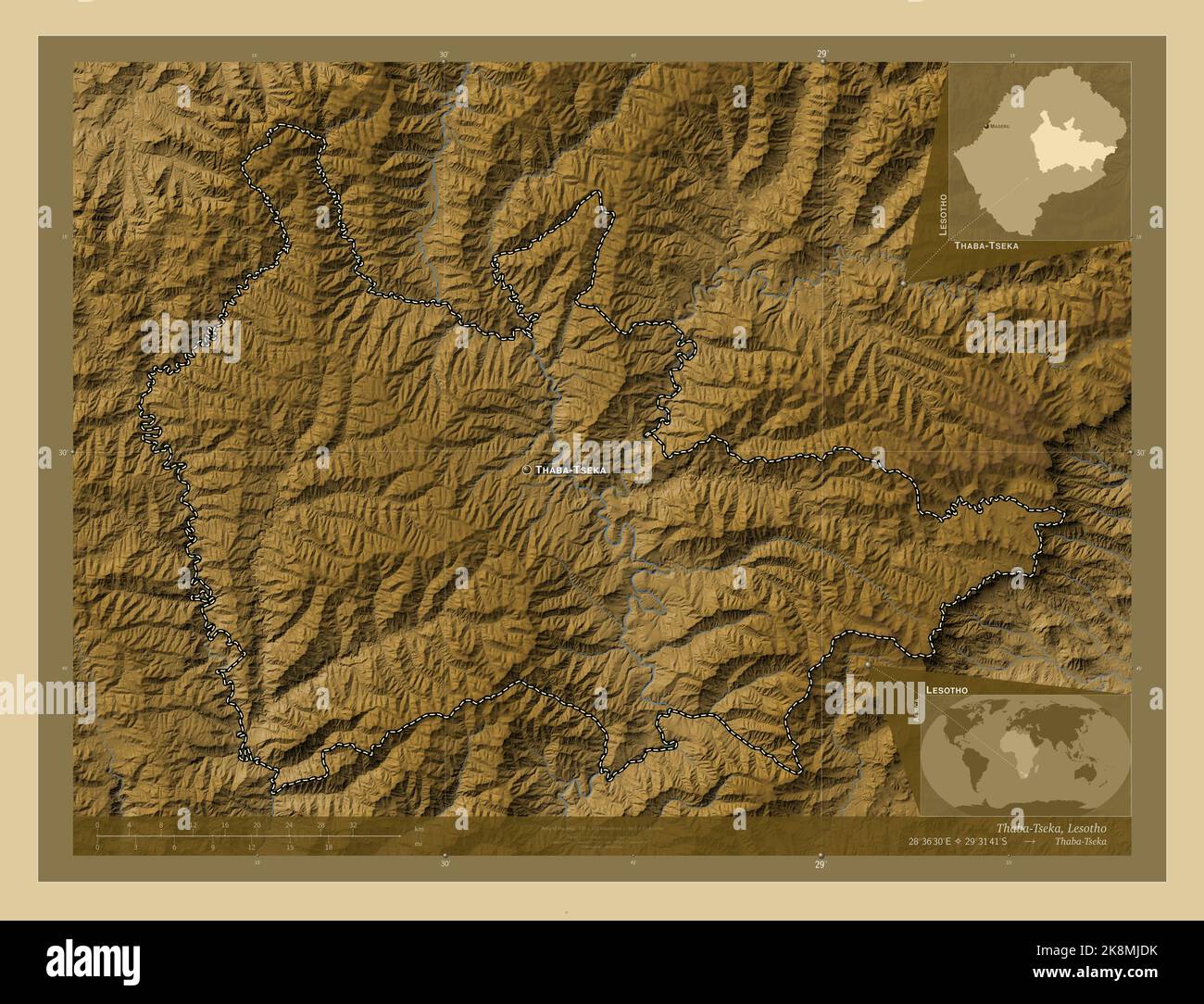 Thaba-Tseka, district of Lesotho. Colored elevation map with lakes and ...