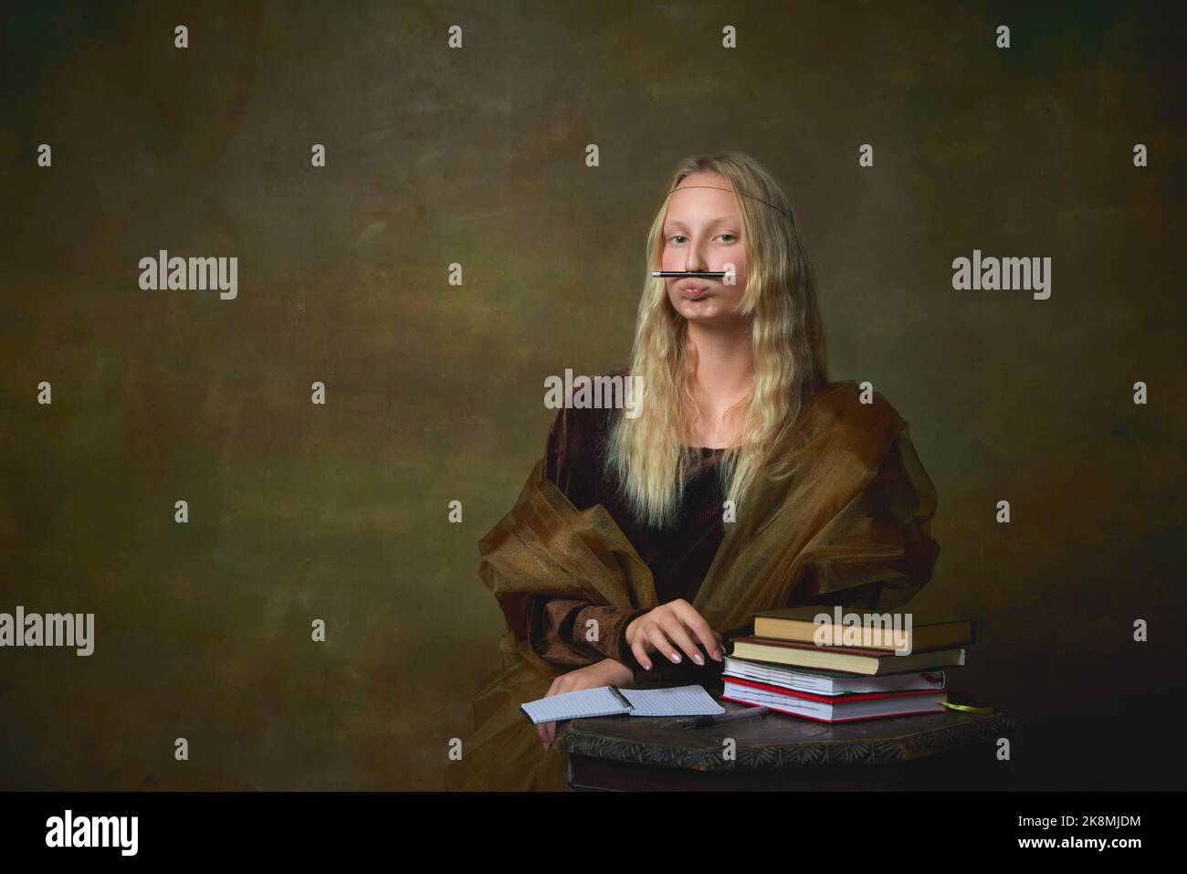 Boring. Vintage style portrait of young charming girl in image of Mona ...