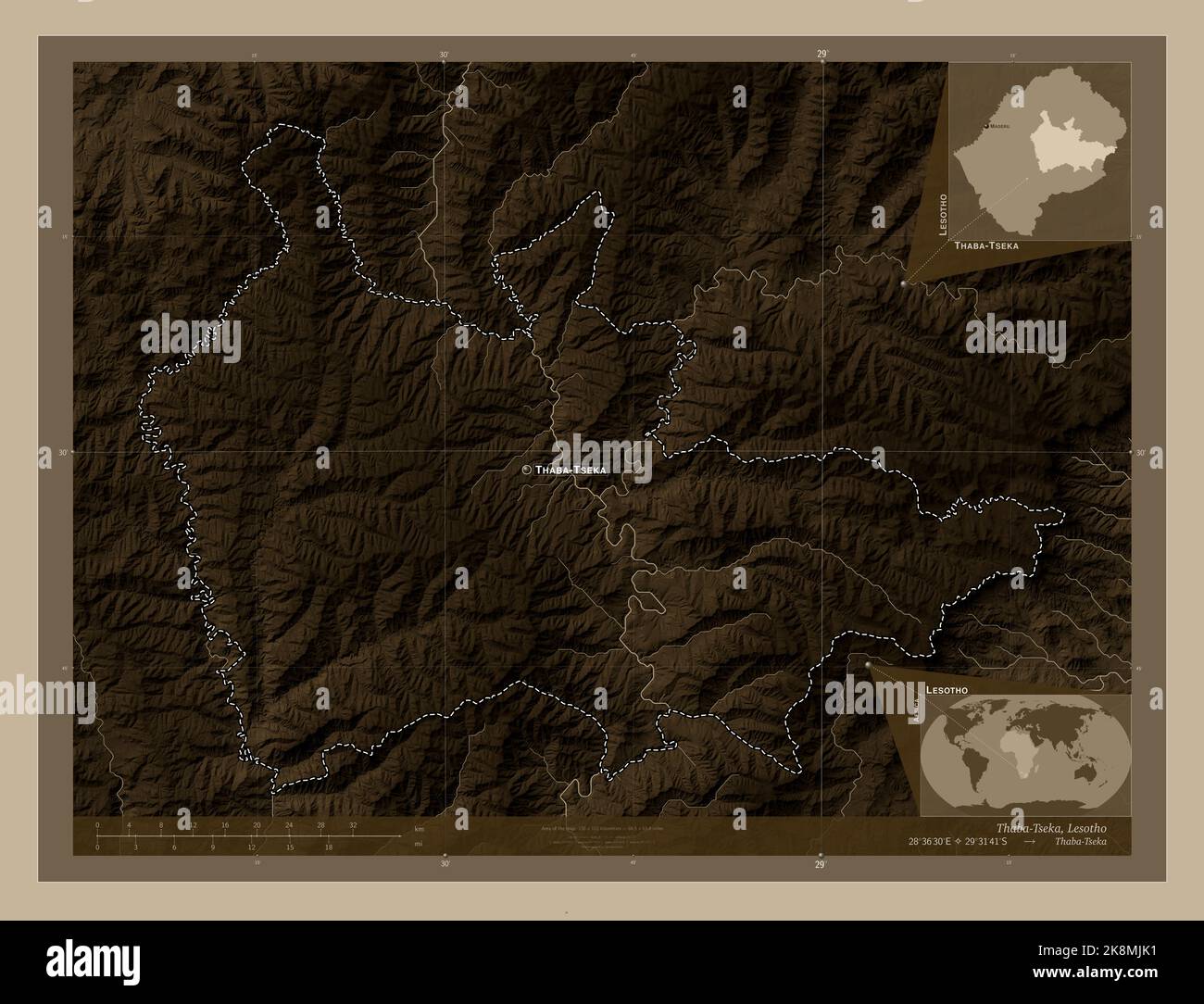 Thaba-Tseka, district of Lesotho. Elevation map colored in sepia tones ...