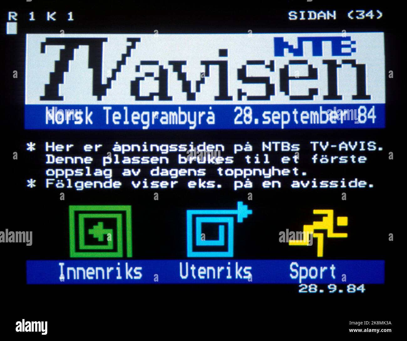 Oslo 19840928 NTB opens its TV newspaper. Text TV. Screenshot in black ...