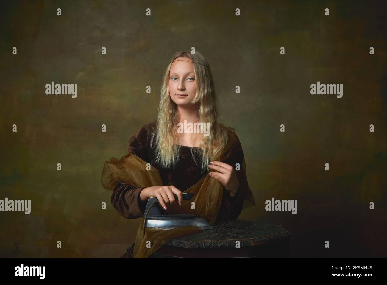 Portrait of young girl as Mona Lisa picture using vintage iron over ...