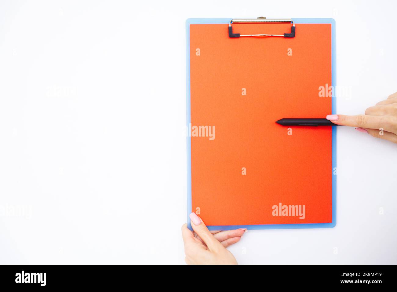 Blank Folder with Red Paper. Hand that Holding Folder and Pen on White ...