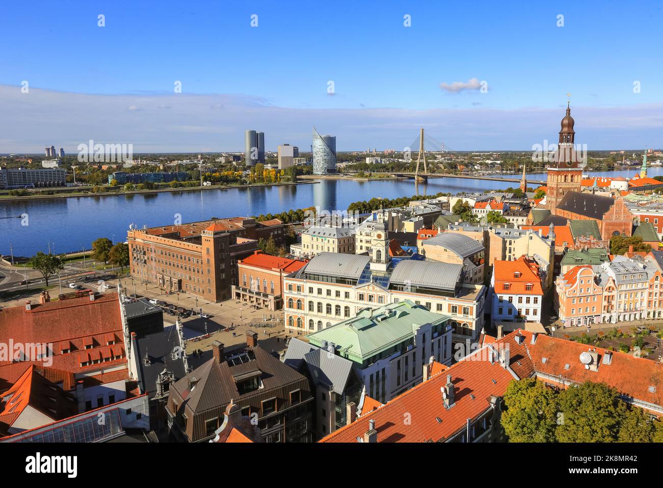 Autumn in Riga, aerial view of the historical downtown and the river ...