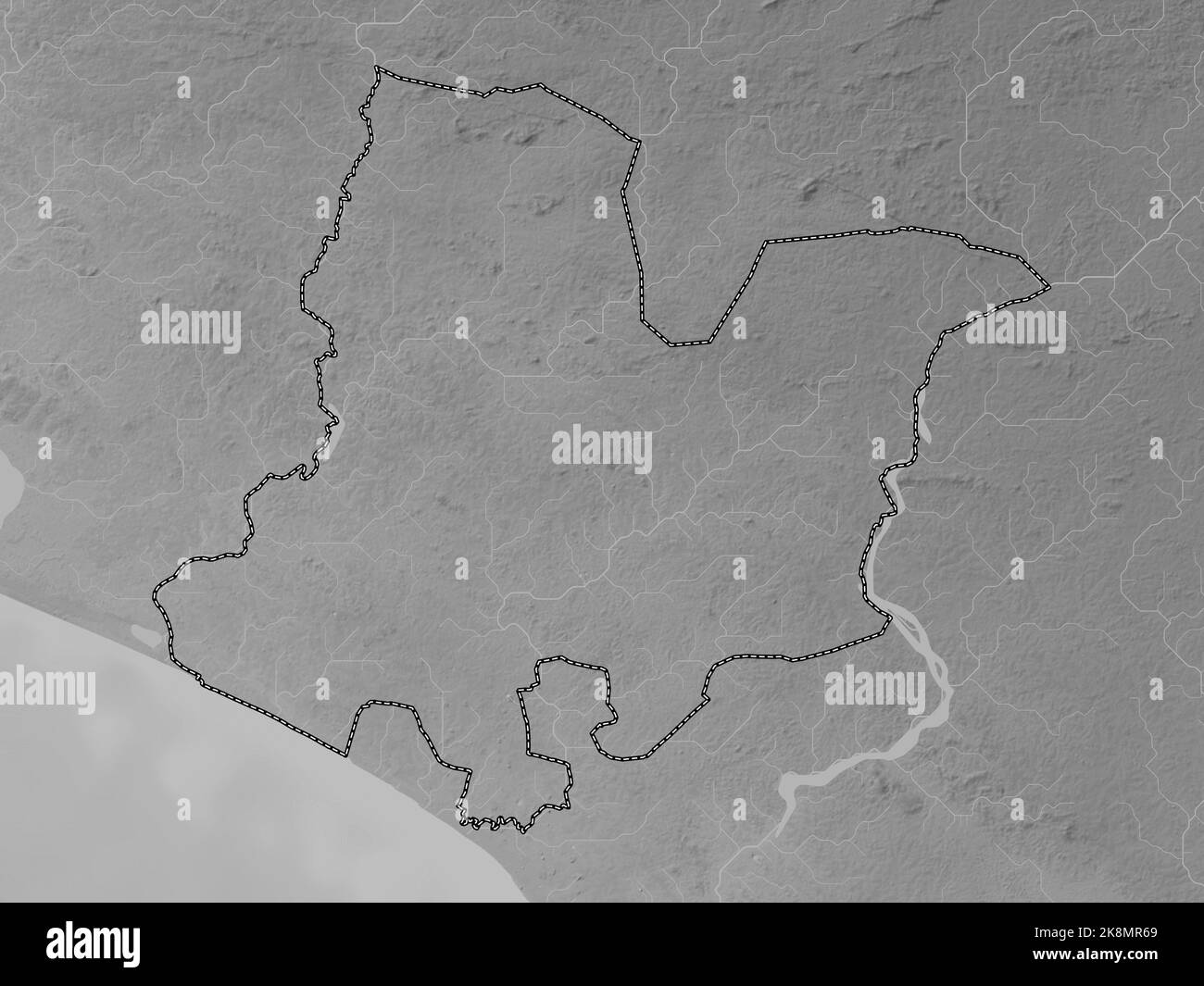 Bomi, county of Liberia. Grayscale elevation map with lakes and rivers ...