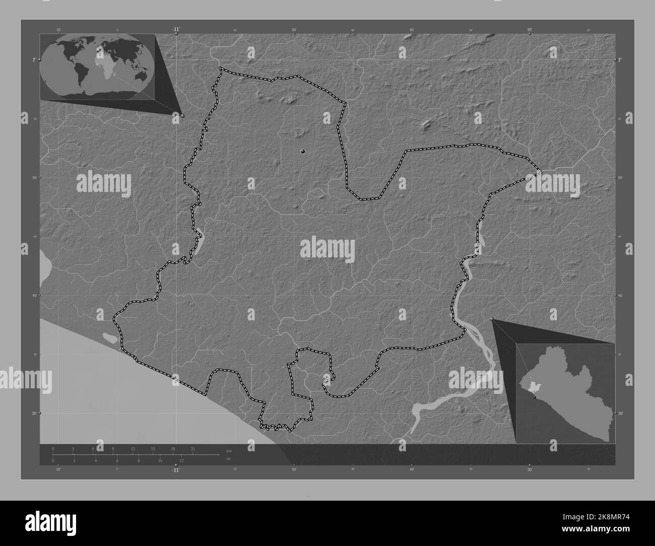 Bomi, county of Liberia. Bilevel elevation map with lakes and rivers ...