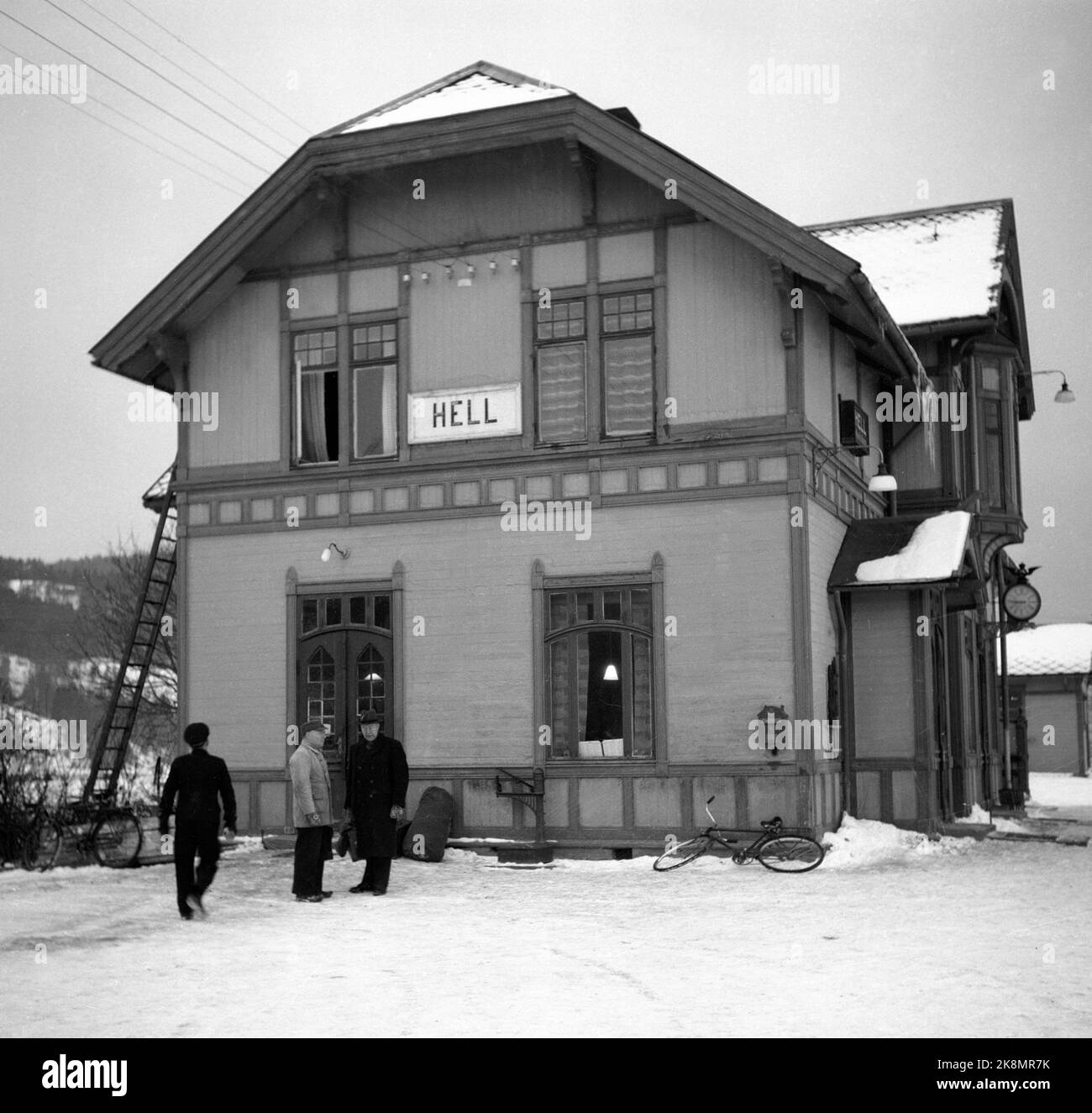 Hell, Sør-Trøndelag March 1947: Exterior of the Hell railway station ...