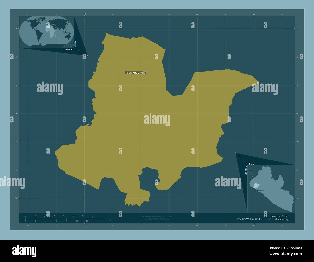 Bomi, county of Liberia. Solid color shape. Locations and names of ...