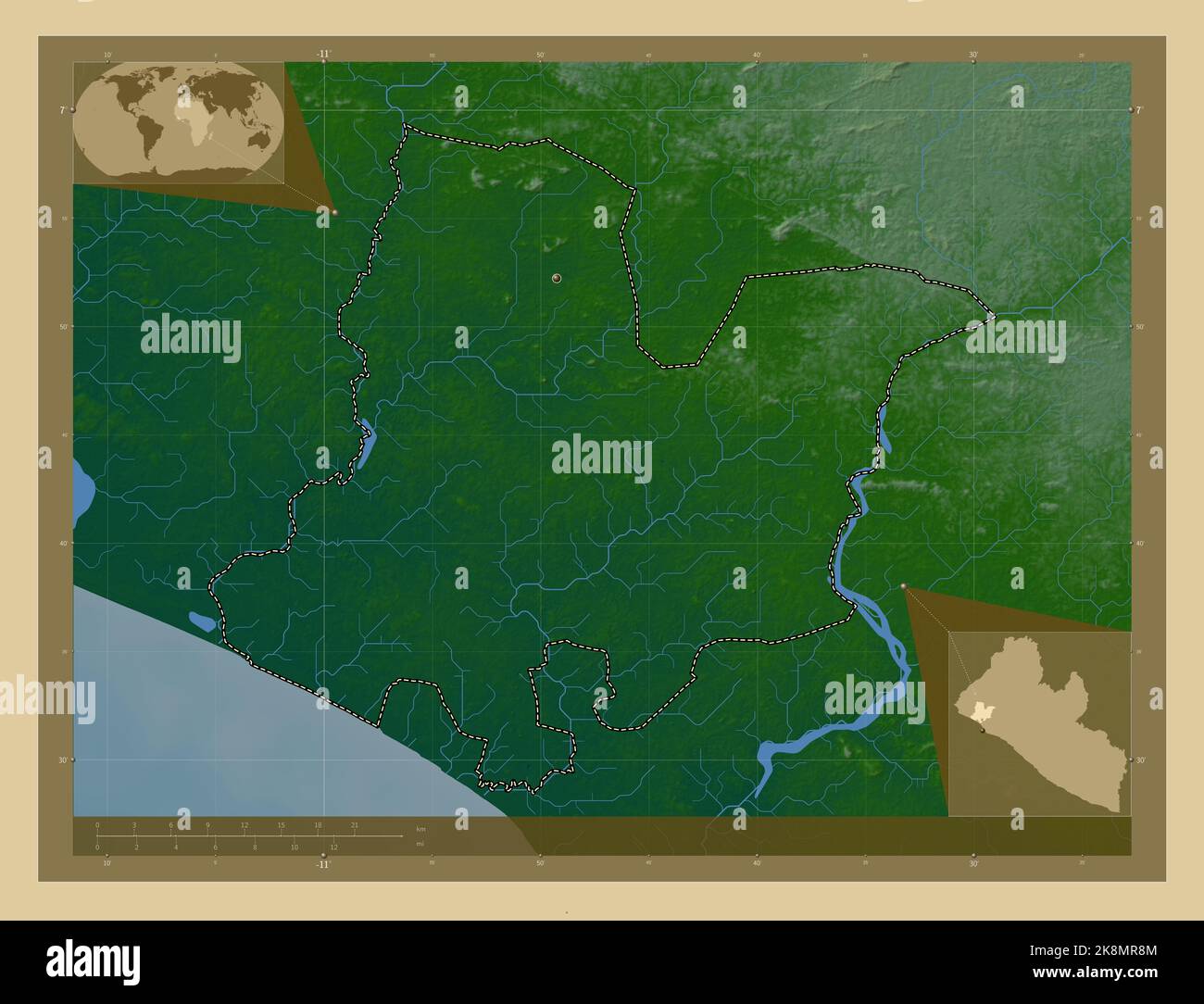 Bomi, county of Liberia. Colored elevation map with lakes and rivers ...