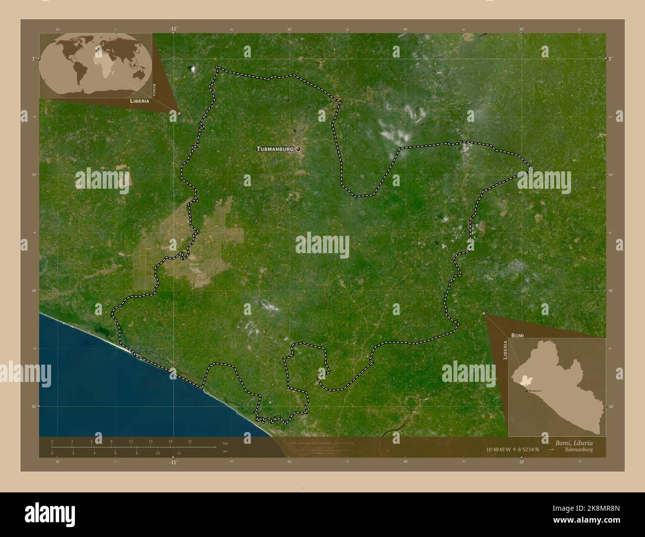 Bomi, county of Liberia. Low resolution satellite map. Locations and ...