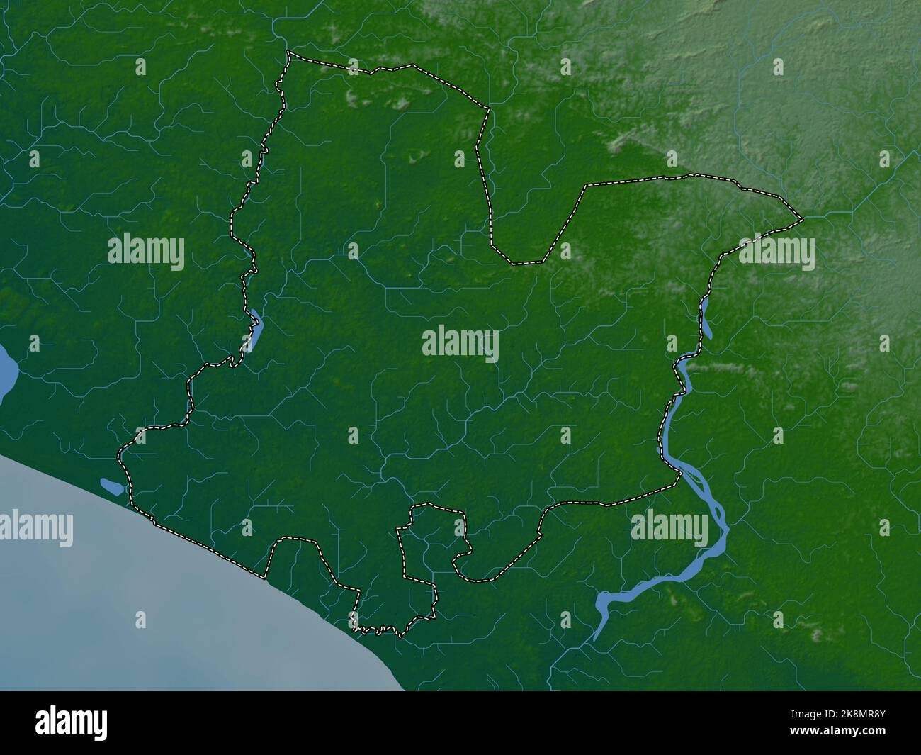 Bomi, county of Liberia. Colored elevation map with lakes and rivers ...