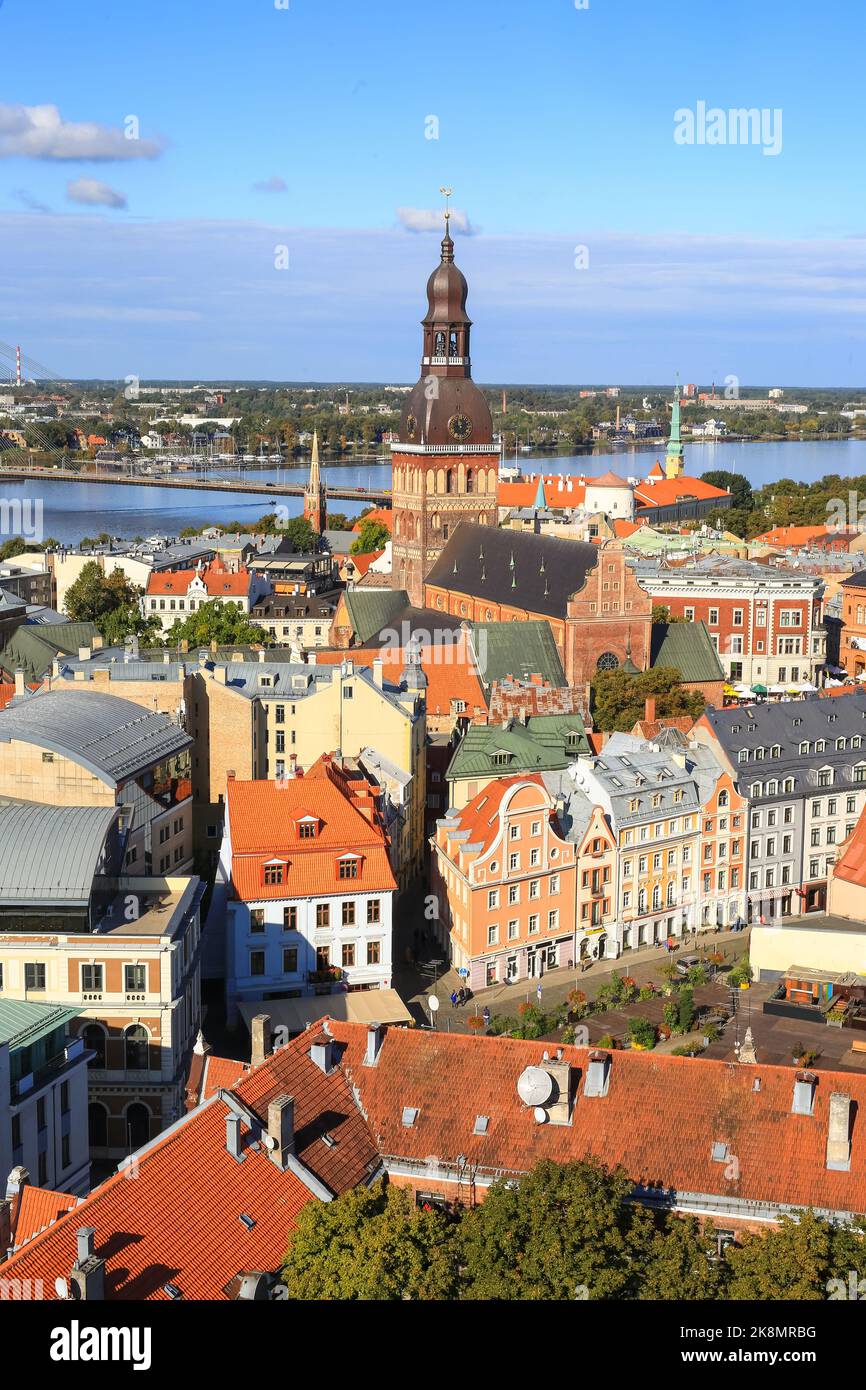 Autumn in Riga, aerial view of the historical downtown and the river ...