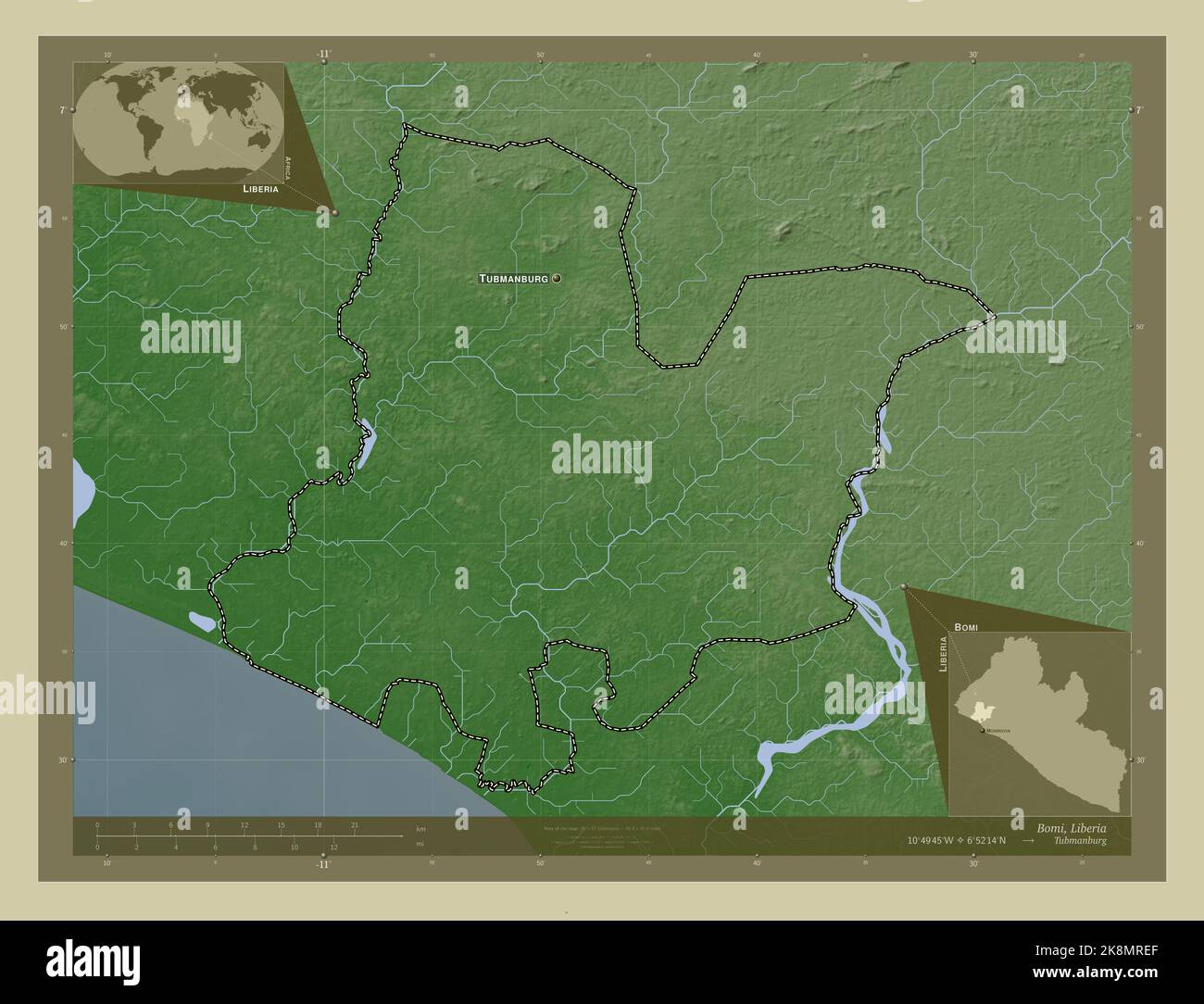 Bomi, county of Liberia. Elevation map colored in wiki style with lakes ...