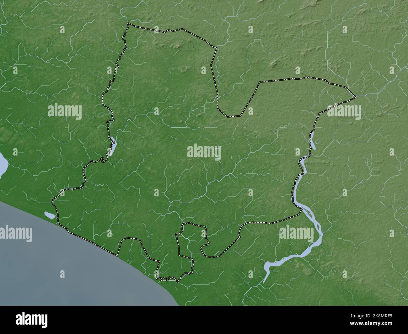 Bomi, county of Liberia. Elevation map colored in wiki style with lakes ...