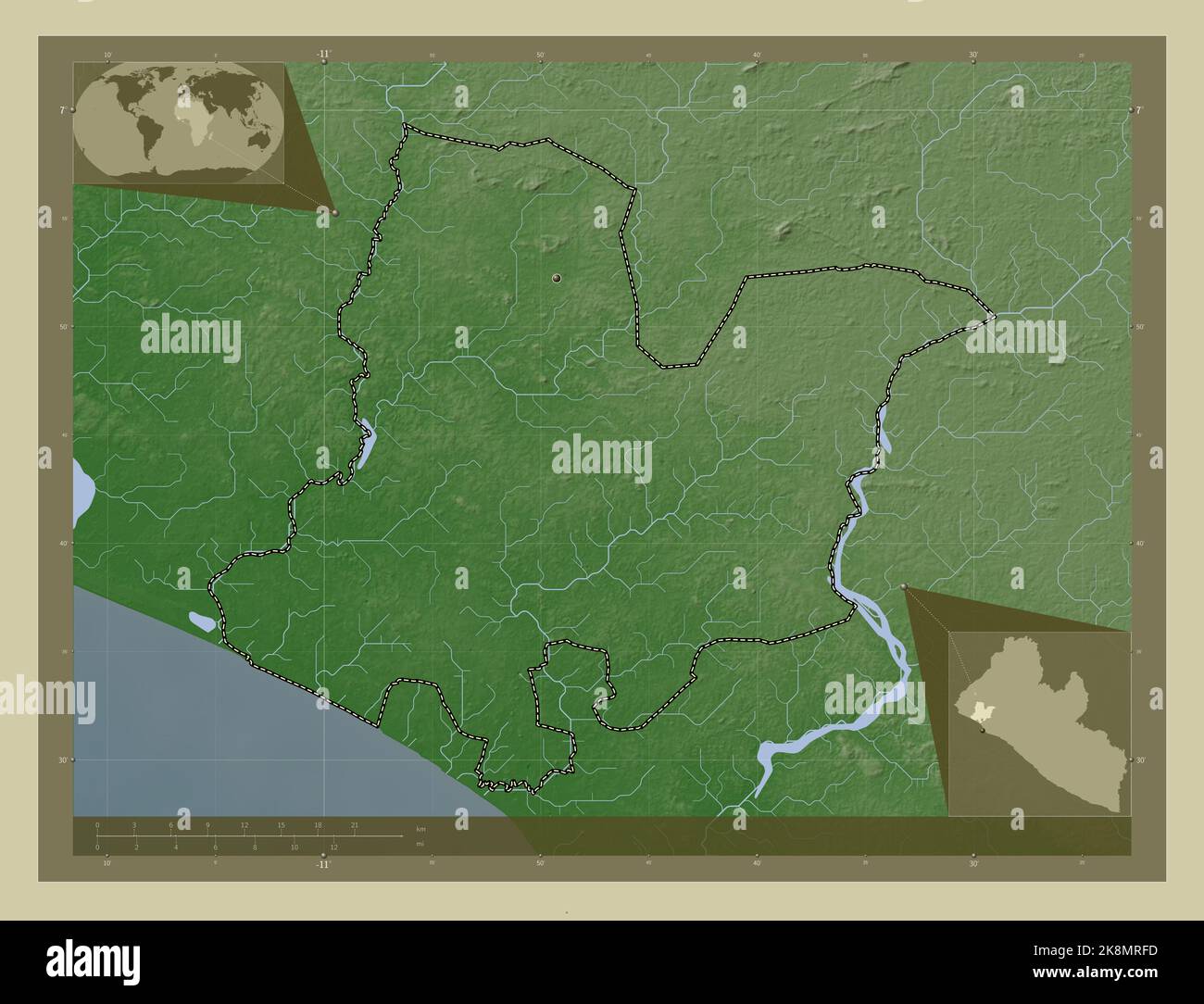 Bomi, county of Liberia. Elevation map colored in wiki style with lakes ...