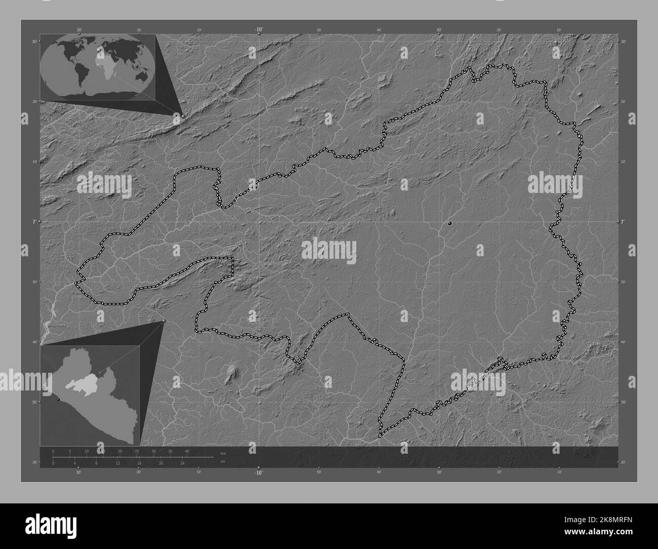 Bong, county of Liberia. Bilevel elevation map with lakes and rivers ...