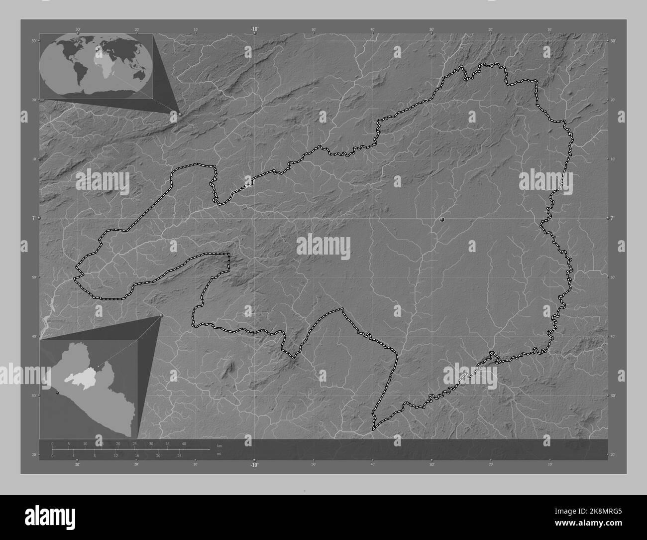 Bong, county of Liberia. Grayscale elevation map with lakes and rivers ...