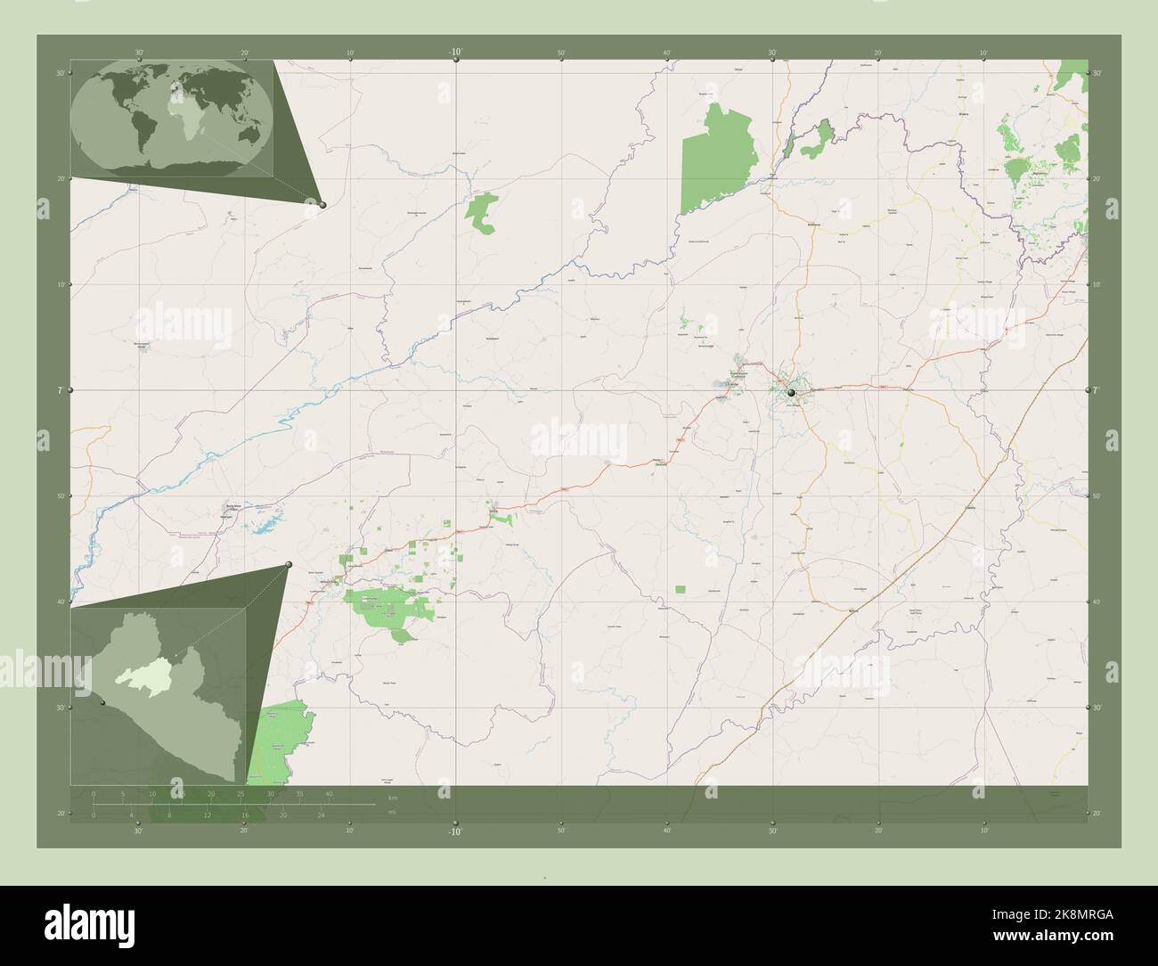Bong, county of Liberia. Open Street Map. Locations of major cities of ...