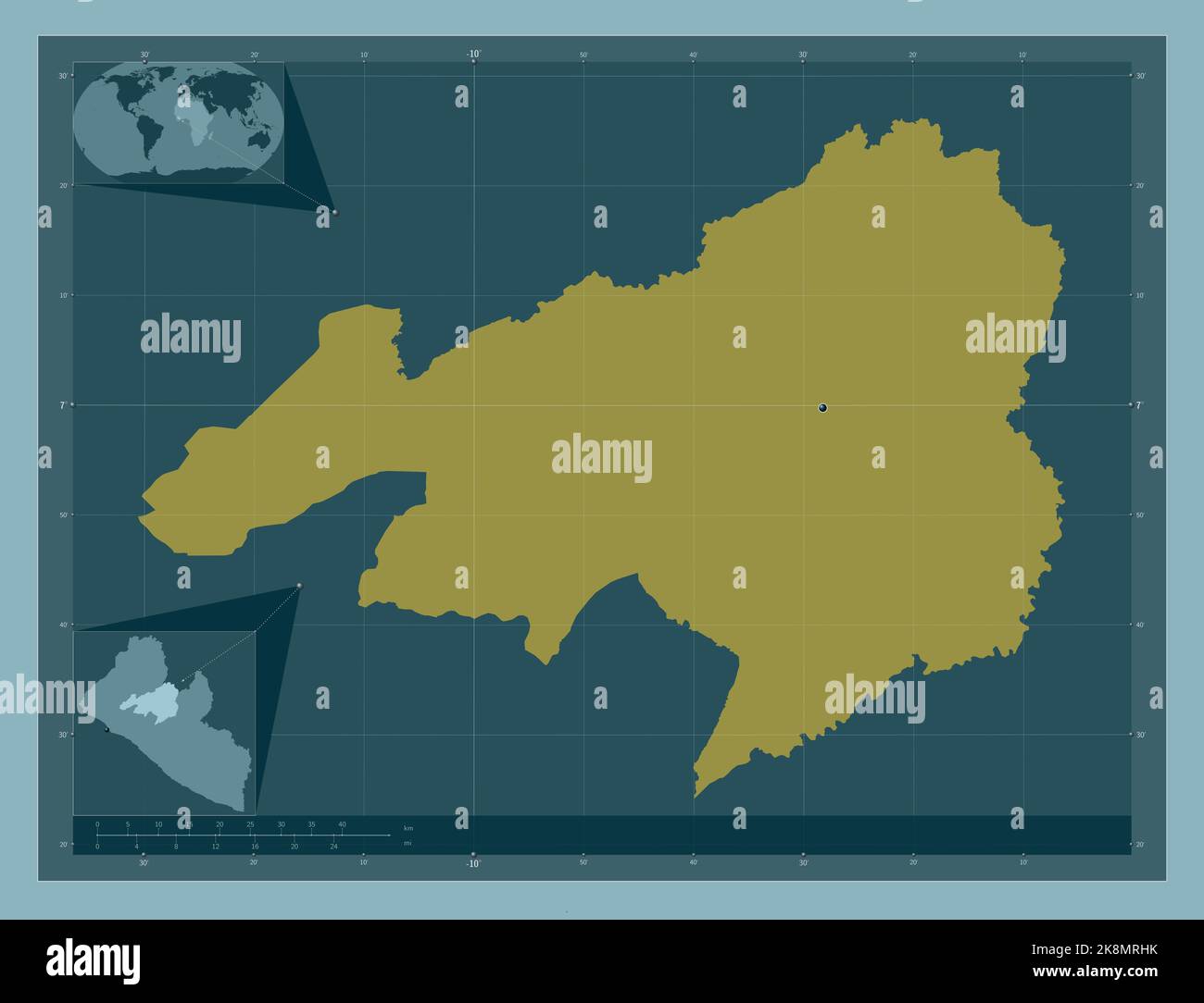 Bong, county of Liberia. Solid color shape. Locations of major cities ...