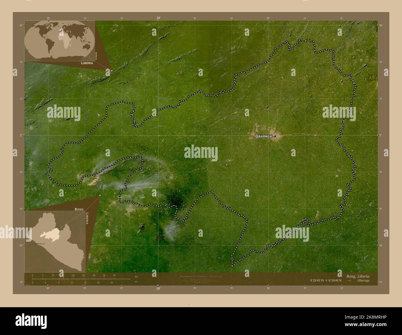 Bong, county of Liberia. Low resolution satellite map. Locations and ...