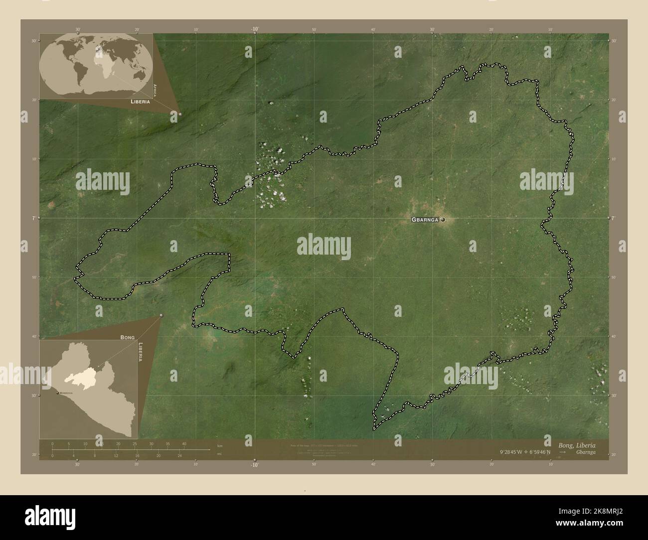 Bong, county of Liberia. High resolution satellite map. Locations and ...