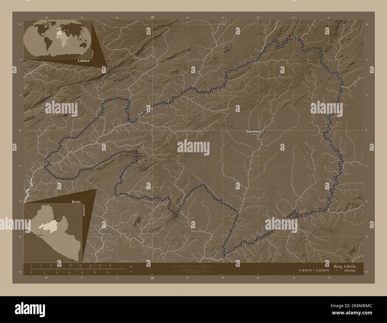 Bong, county of Liberia. Elevation map colored in sepia tones with ...