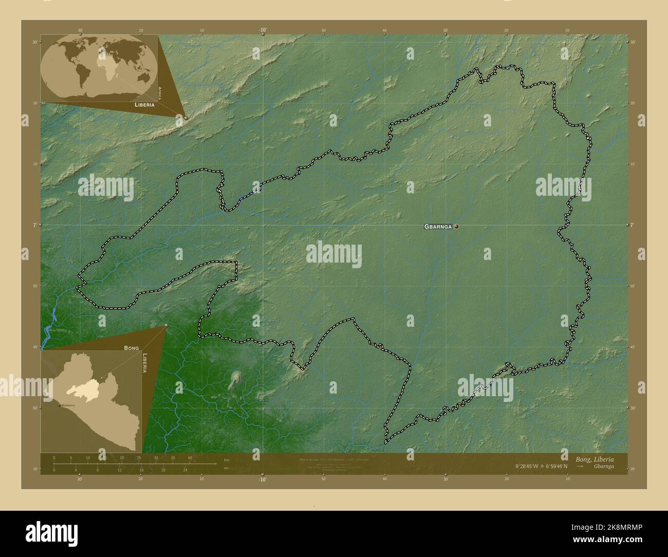 Bong, county of Liberia. Colored elevation map with lakes and rivers ...