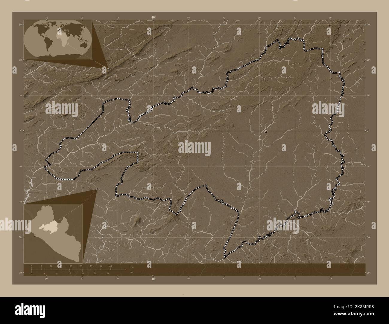 Bong, county of Liberia. Elevation map colored in sepia tones with ...