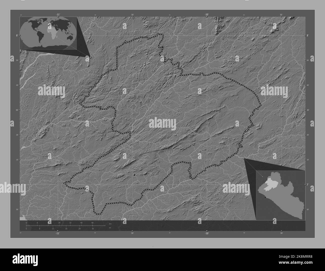 Gbapolu, county of Liberia. Bilevel elevation map with lakes and rivers ...