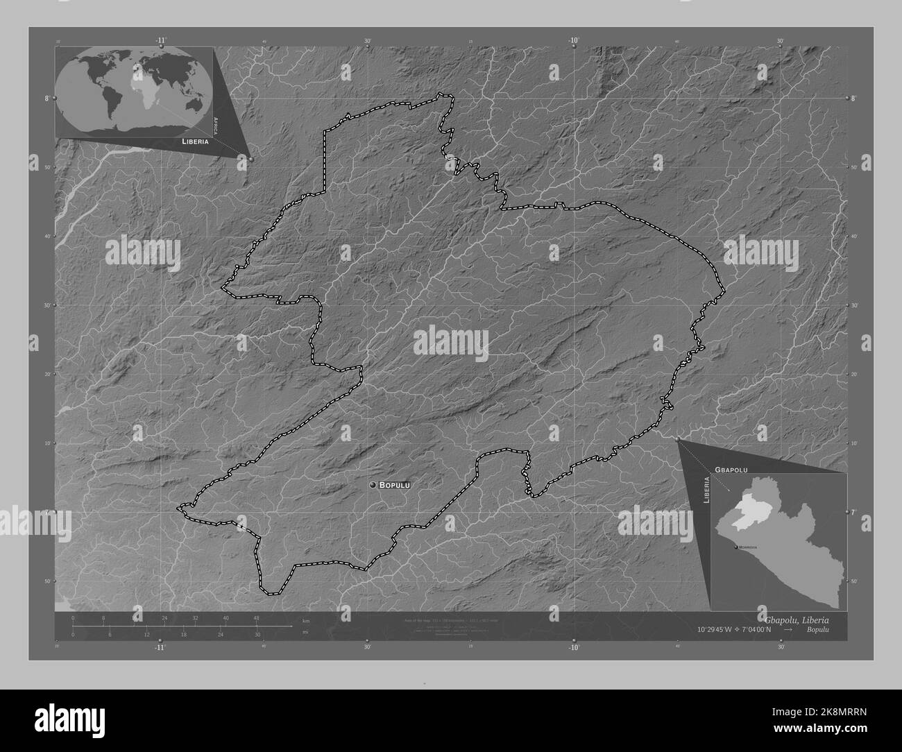Gbapolu, county of Liberia. Grayscale elevation map with lakes and ...