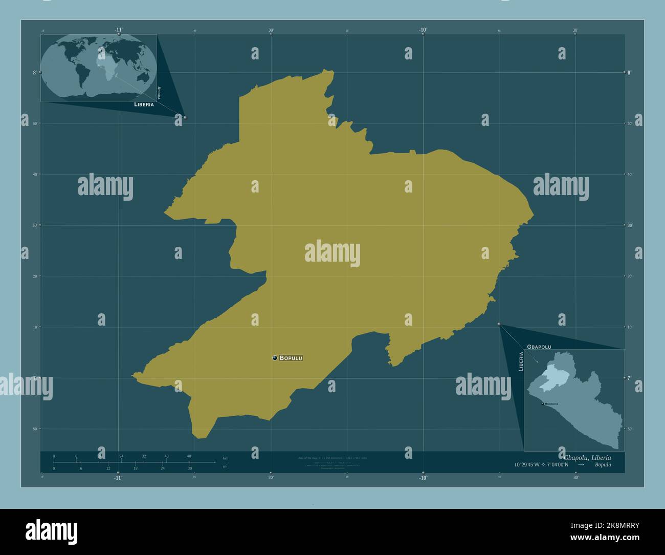 Gbapolu, county of Liberia. Solid color shape. Locations and names of ...