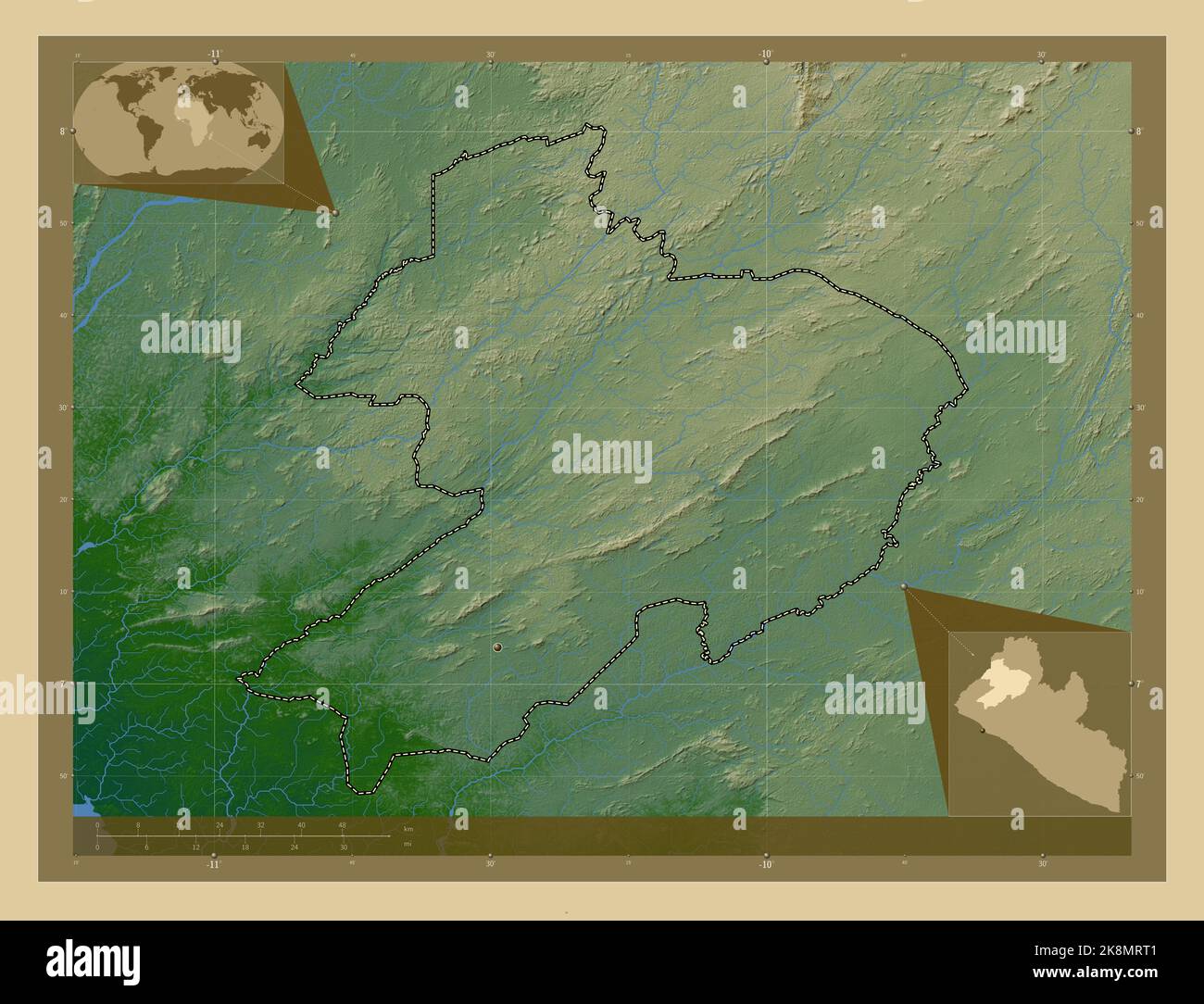 Gbapolu, county of Liberia. Colored elevation map with lakes and rivers ...