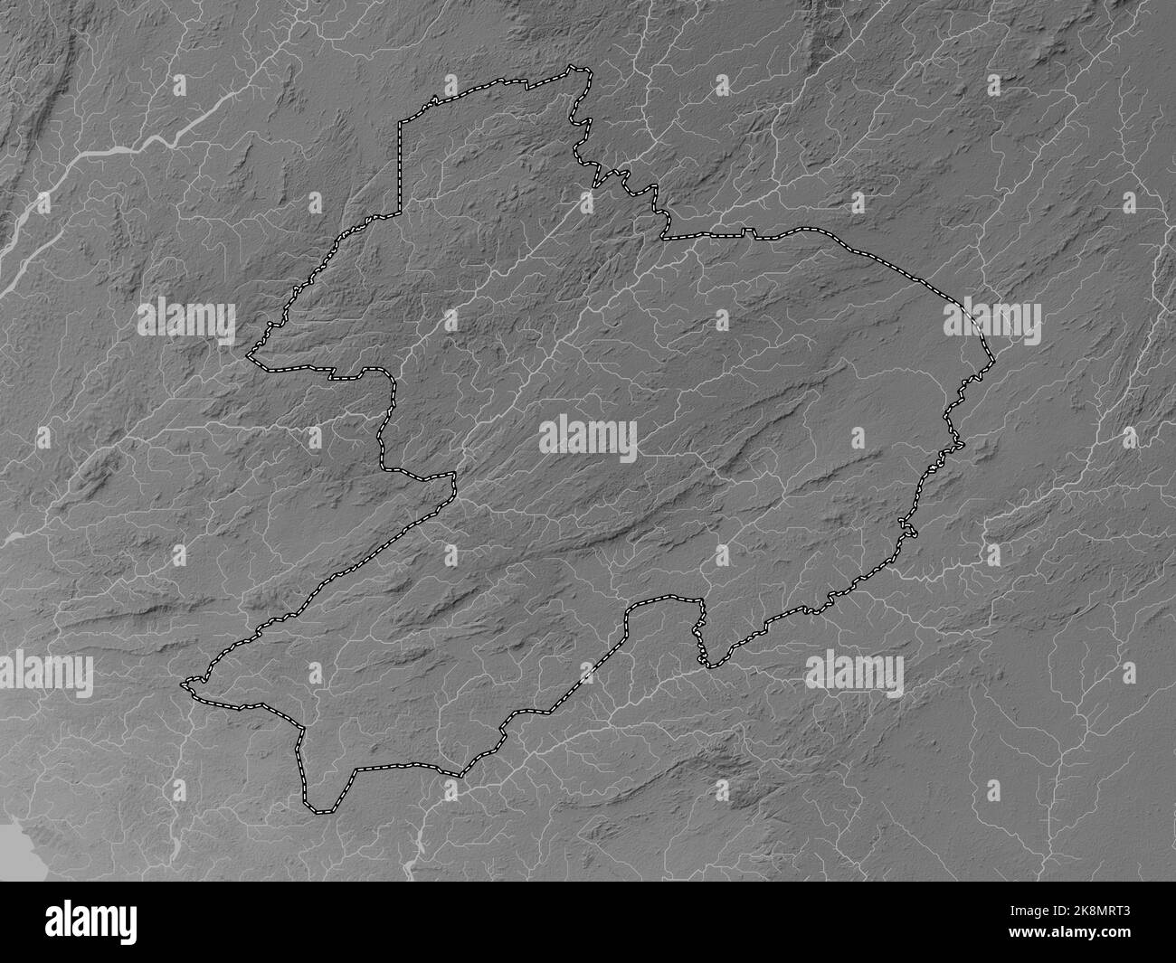 Gbapolu, county of Liberia. Grayscale elevation map with lakes and ...